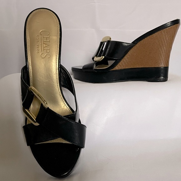 Chaps | Shoes | Chaps Black Leather Wedge Slip On Heel | Poshmark